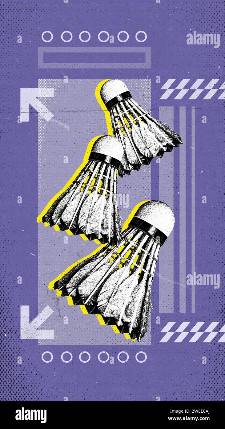 Badminton shuttlecocks against purple background with abstract elements ...