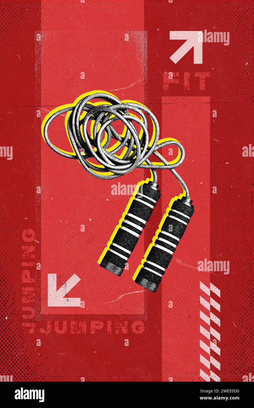 Jumping rope against red background with abstract elements. Fitness ...