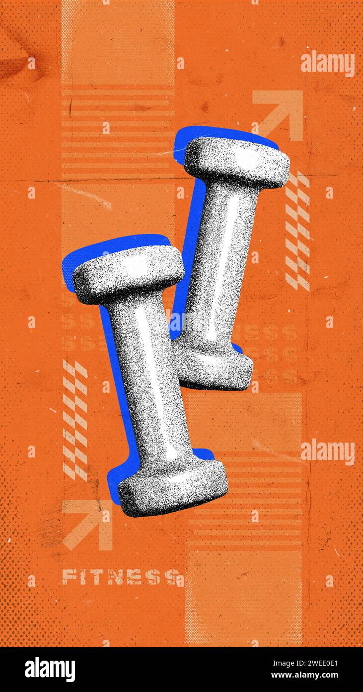 Two dumbbells against orange background with abstract design elements ...