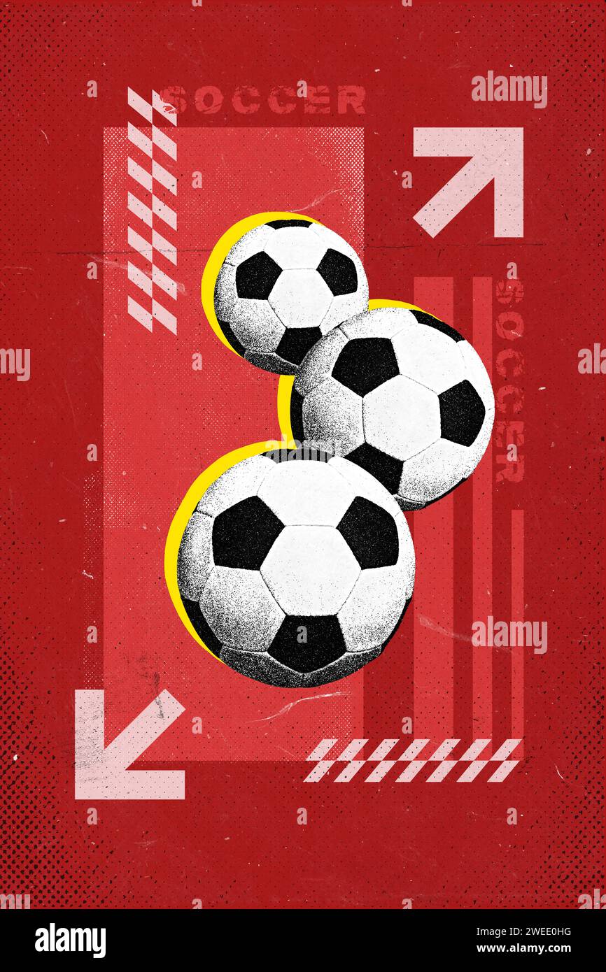 Three soccer balls against red background with abstract design elements ...