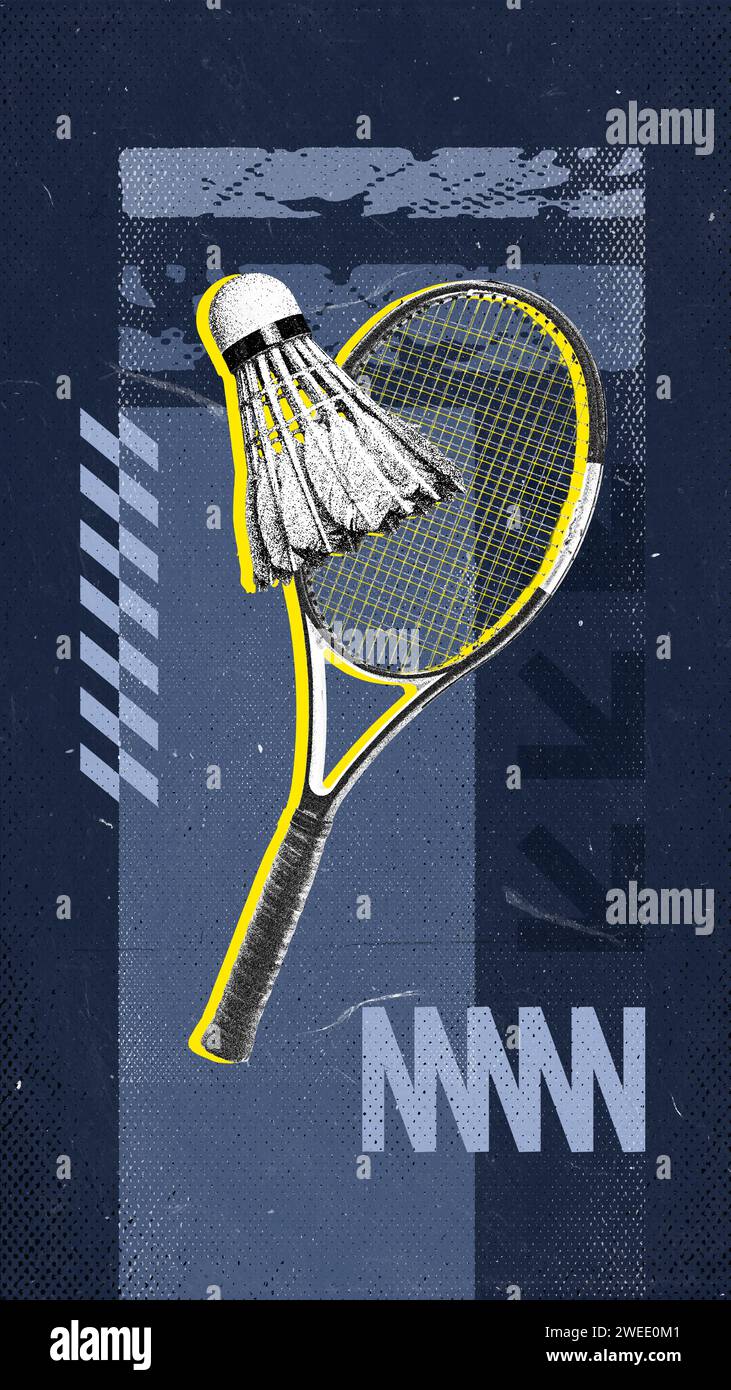 Badminton racket and shuttlecock against dark blue background with ...