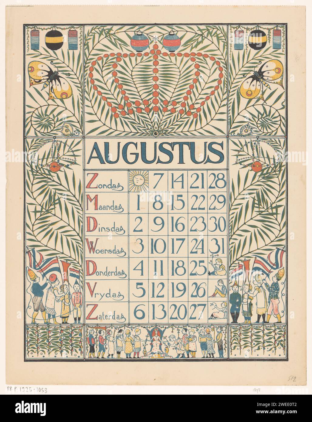 Calendar for August 1898, Theo Nieuwenhuis, 1897 print A rectangular ...