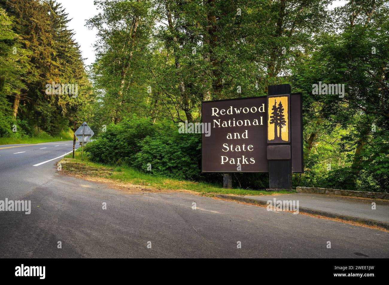 Entrance sign of Redwood National and State Parks in California, USA ...