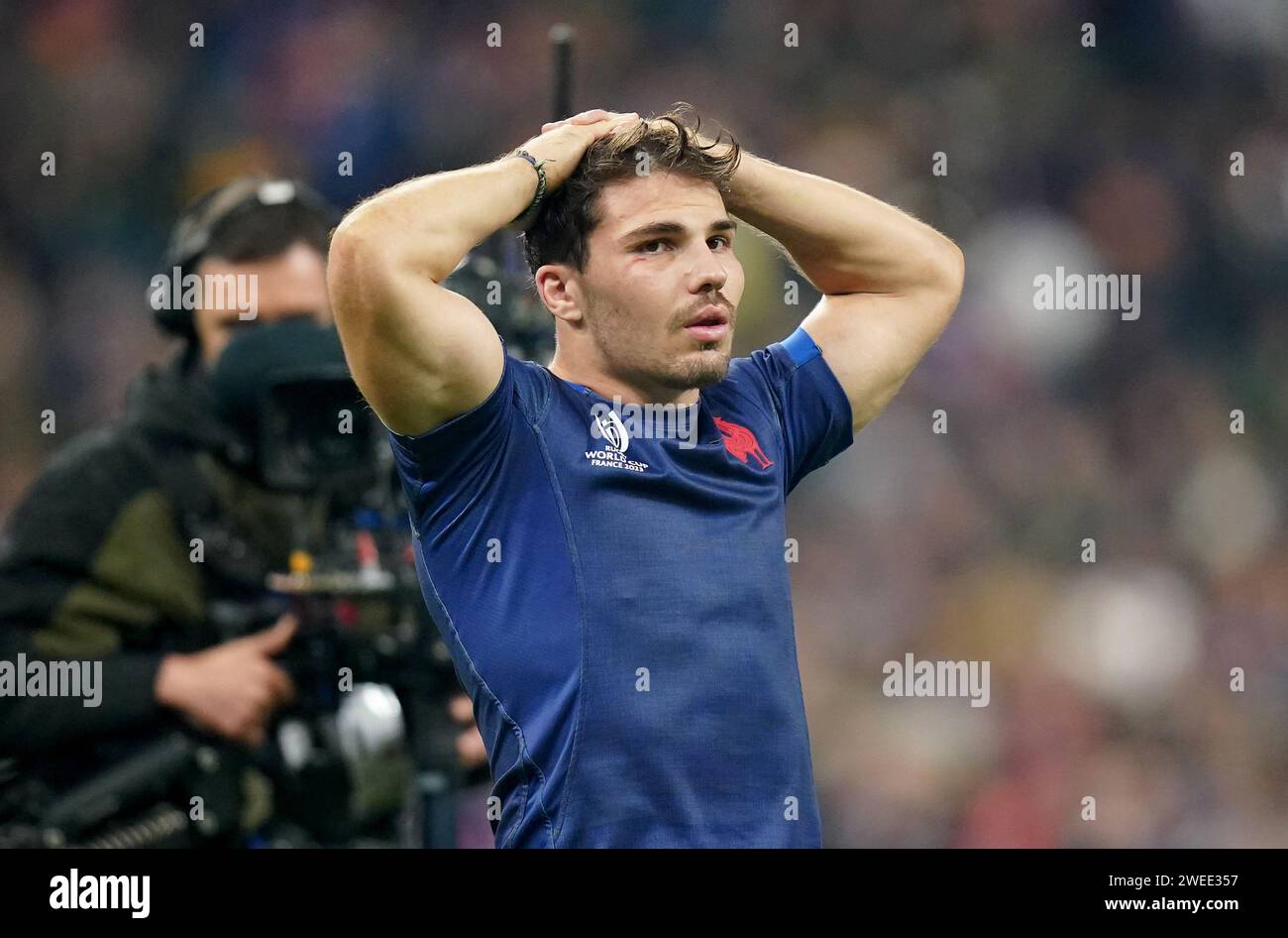 File photo dated 15-10-2023 of France's Antoine Dupont appears dejected. While inevitable ...