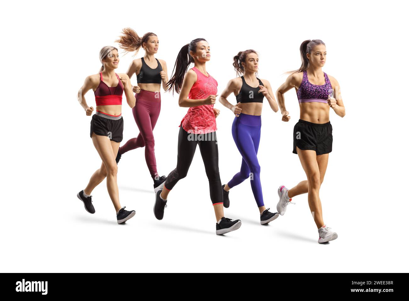 Young fit women running a female race isolated on white background ...