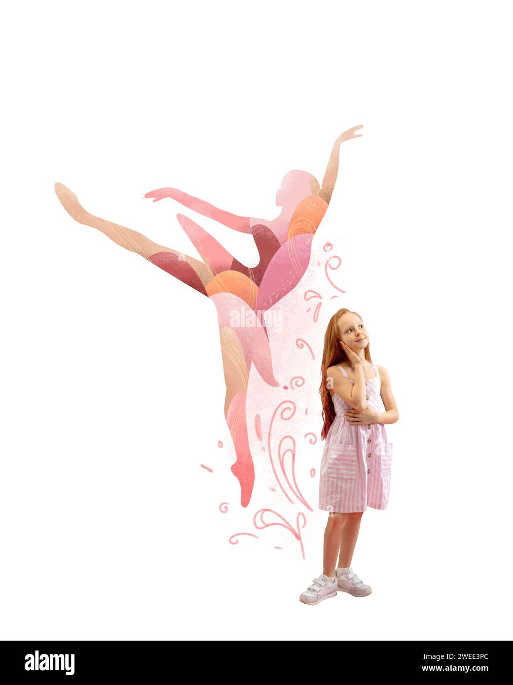 Little girl and silhouette of ballerina dancing. Kid dreaming of ...