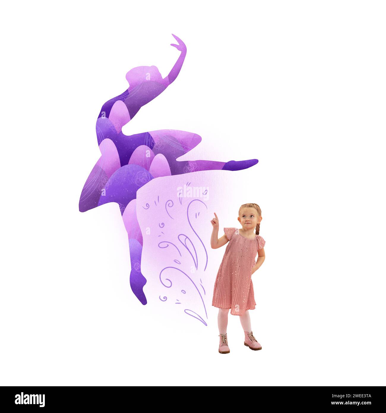 Little girl and silhouette of ballerina dancing. Kid dreaming of ...