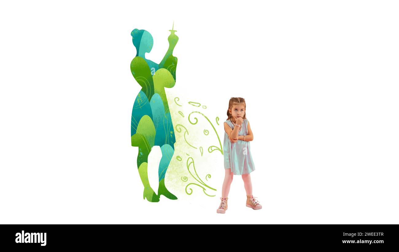 Little girl and silhouette of doctor with syringe. Kid dreaming of ...