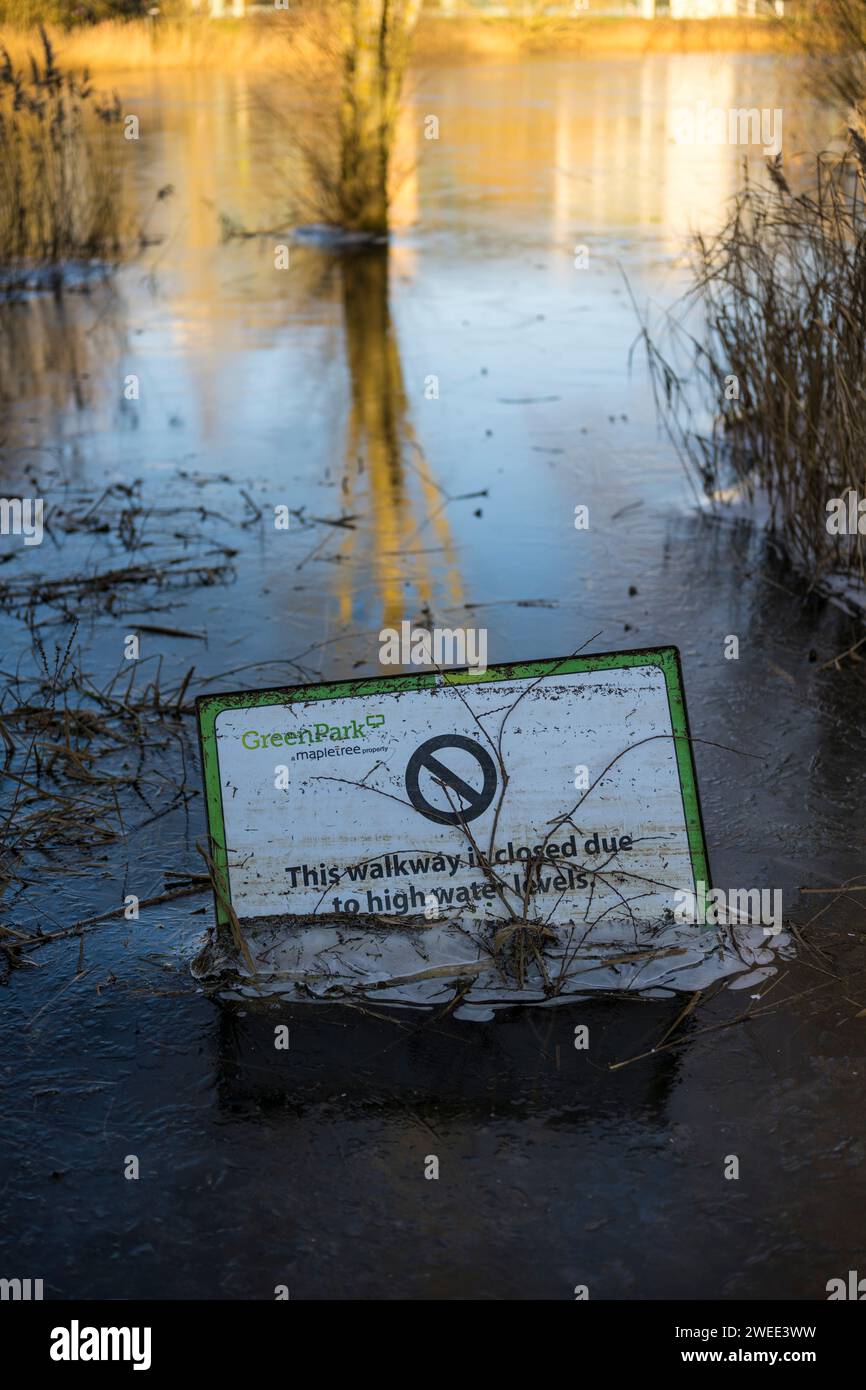 Sign Warning of High Water Levels, in Frozen Water, Green Park, Reading ...