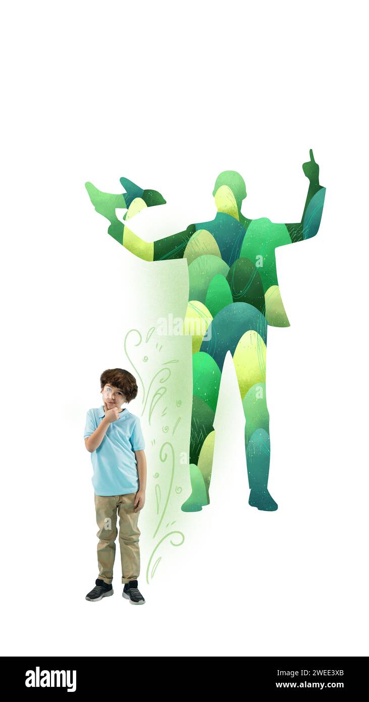 Little boy and silhouette of man with plane. Child dreaming of becoming ...