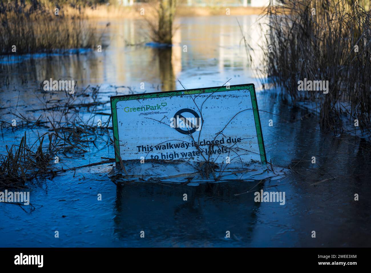 Sign Warning of High Water Levels, in Frozen Water, Green Park, Reading ...