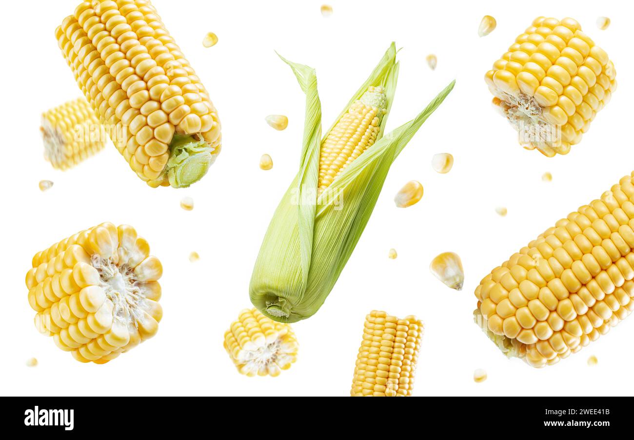natural yellow sweetcorn pieces and cloves flying on air Stock Photo ...