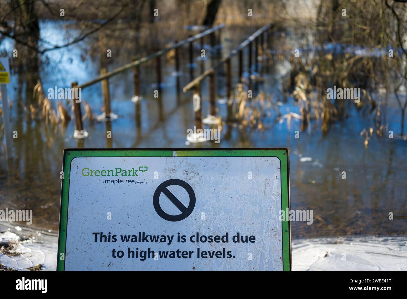 Sign Warning of High Water Levels, in Frozen Water, Green Park, Reading ...