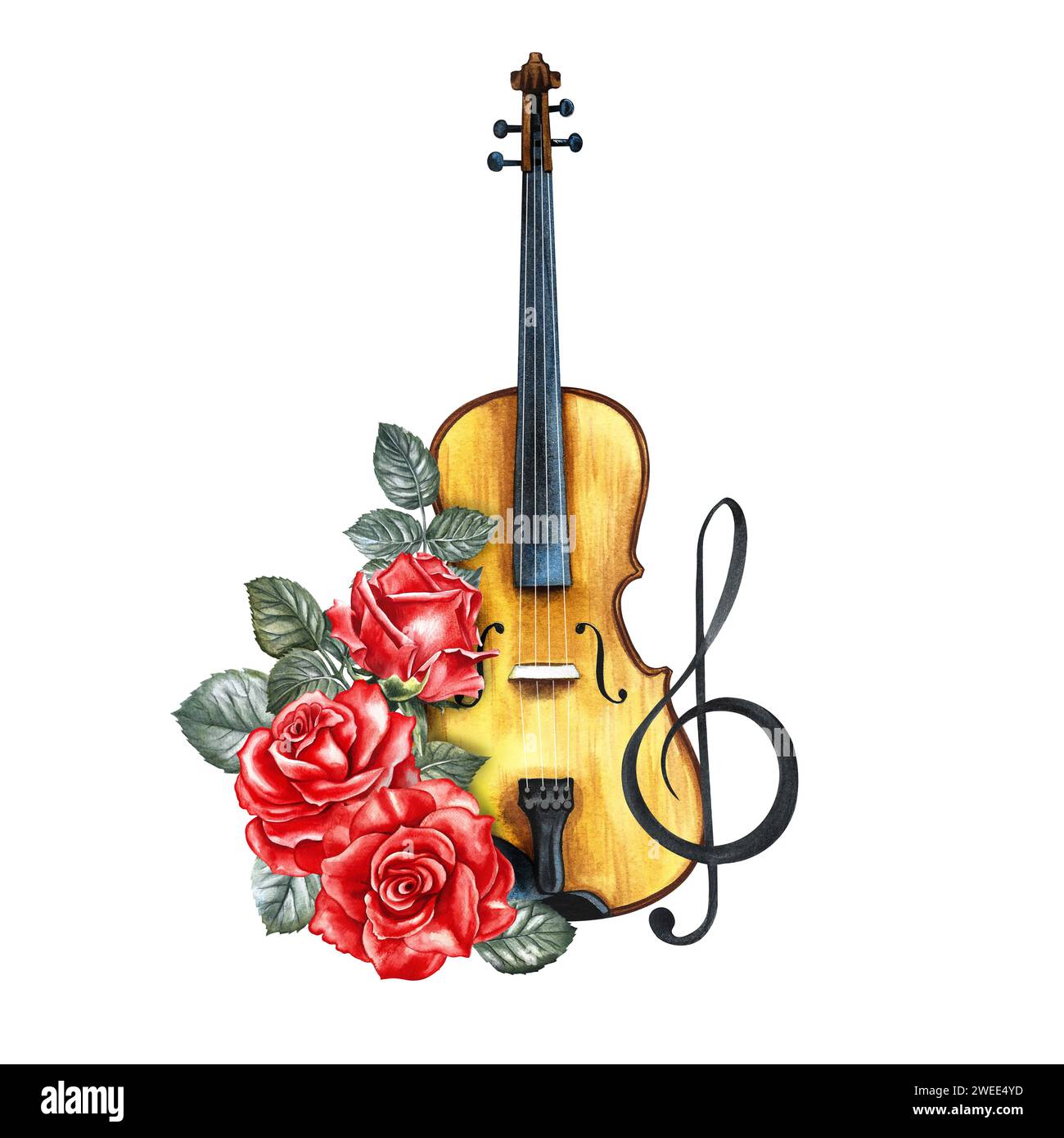 A violin decorated with red roses and a treble clef. The watercolor ...