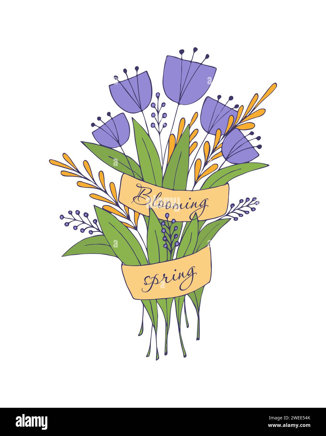 Blooming spring bouquet, hand drawn doodles with lettering. Vector ...