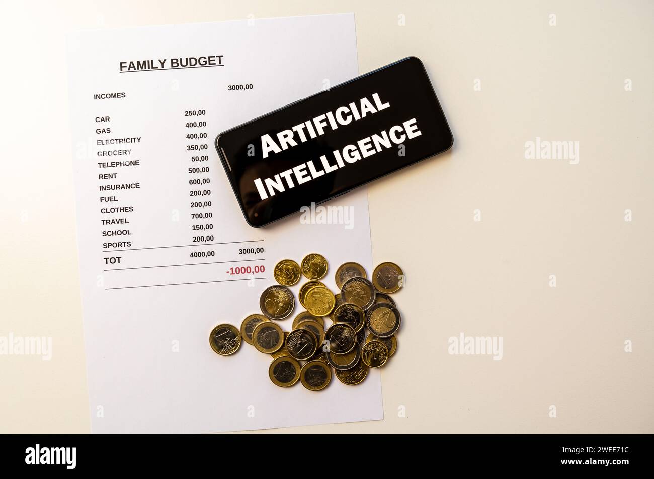Family budget sheet, coins and artificial intelligence device. Use of ...