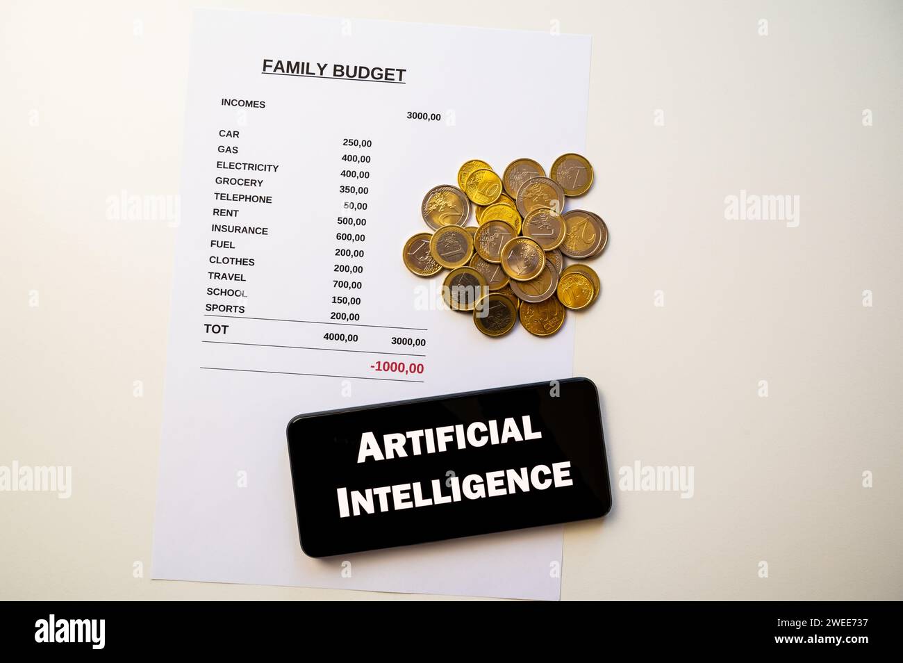 Family budget sheet, coins and artificial intelligence device. Use of ... Family budget sheet, coins and artificial intelligence device. Use of ...
