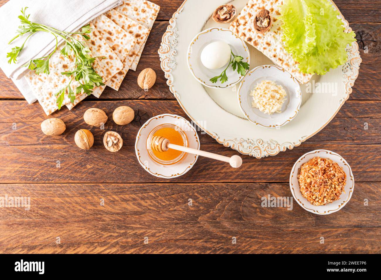 Festive background for Jewish Passover holiday with traditional food ...