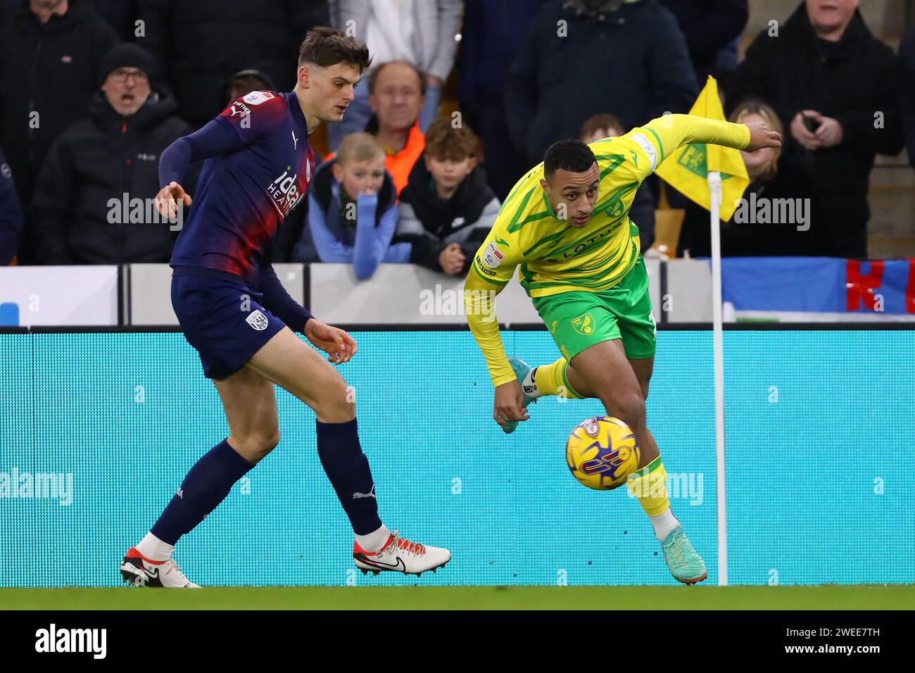 Adam Idah of Norwich City and Caleb Taylor of West Bromwich Albion ...