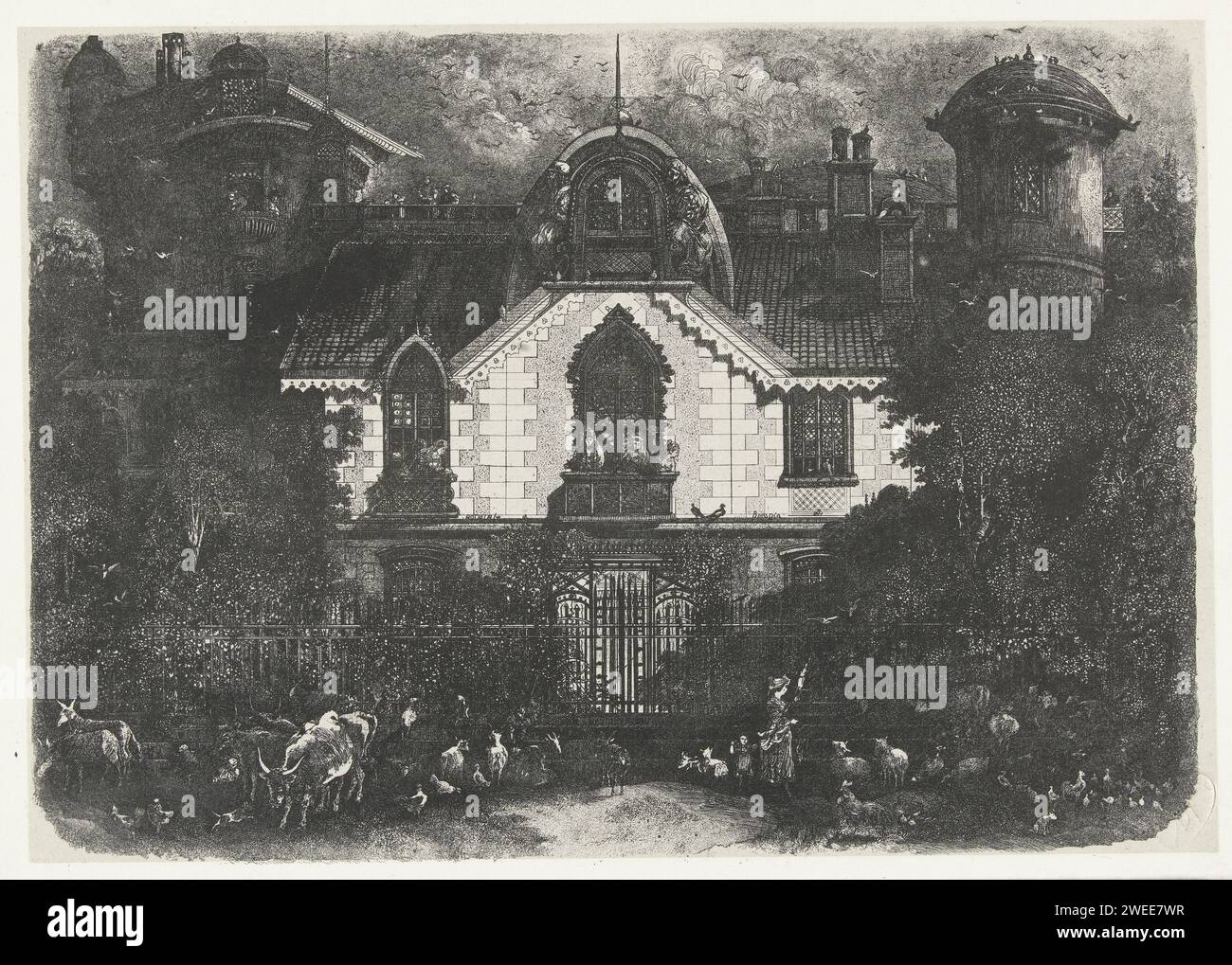 House with tower behind a fence and shepherdin with cattle, Rodolphe ...