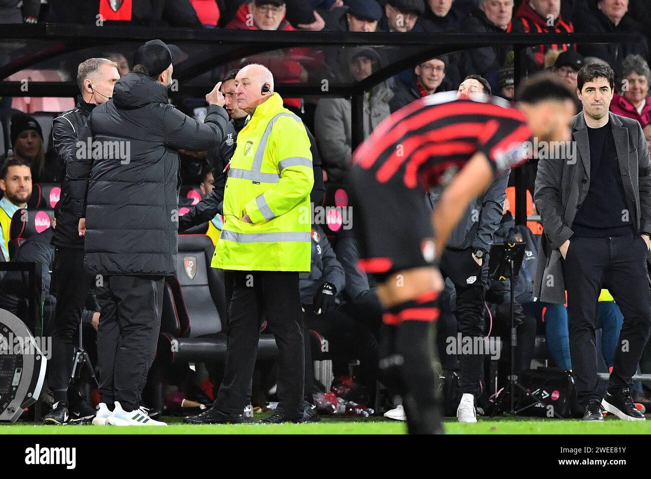 Manager of Liverpool Jurgen Klopp argues with the AFC Bournemouth bench ...