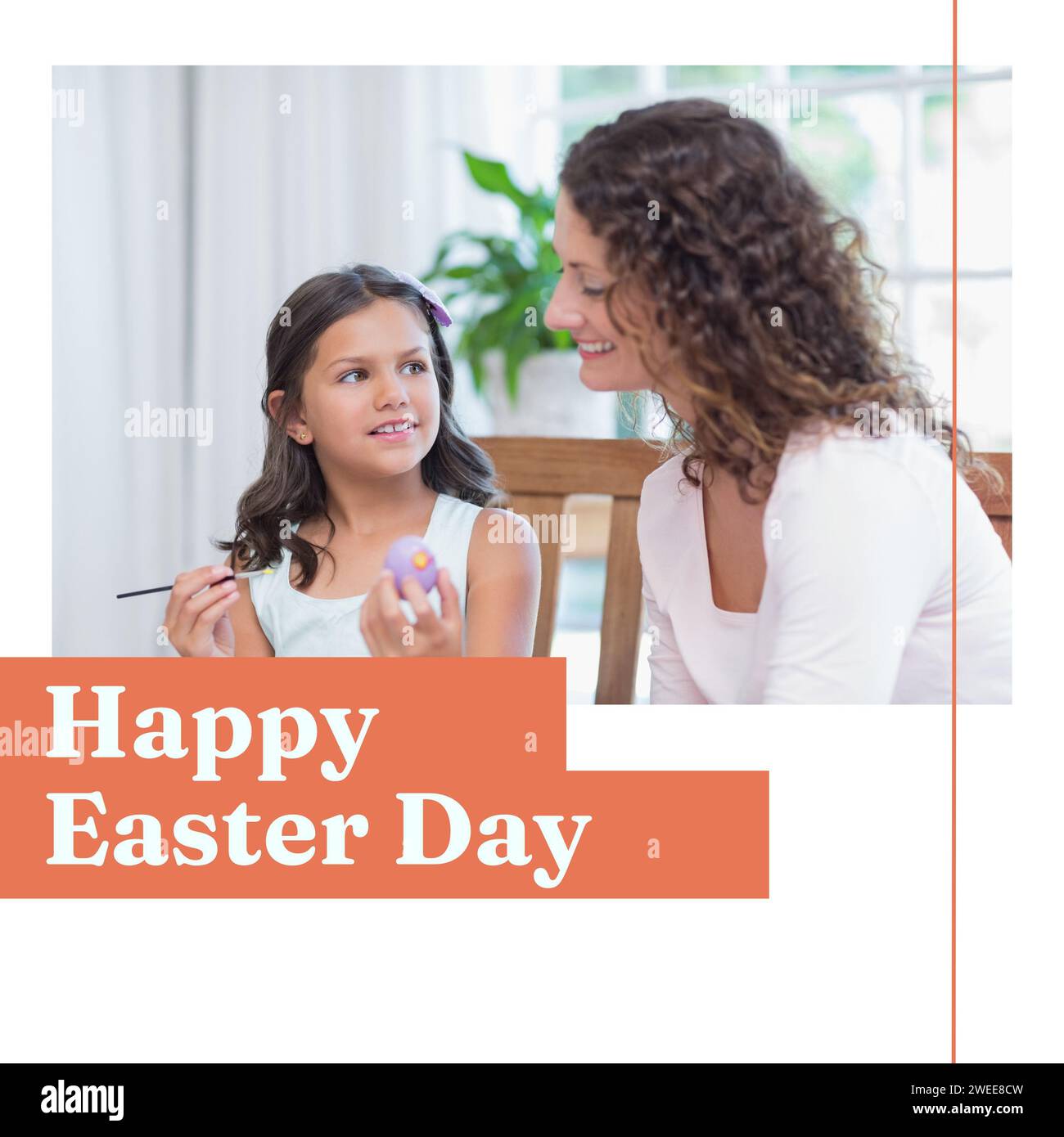 Composition of happy easter day text over caucasian mother and daughter ...