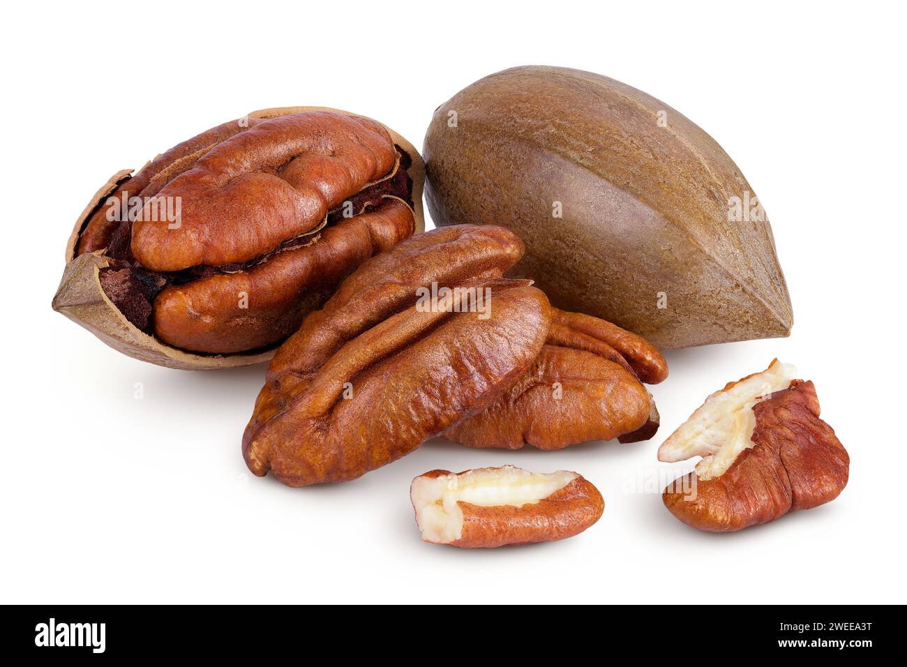 broken pecan nut isolated on white background with full depth of field ...