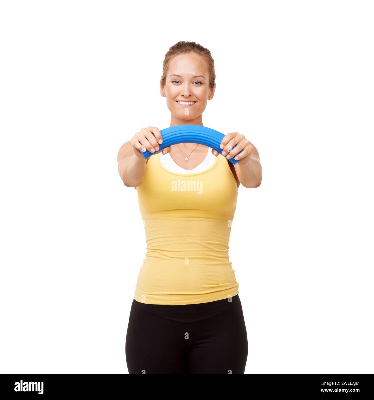 Happy woman, portrait and bend grip in resistance or arm workout ...