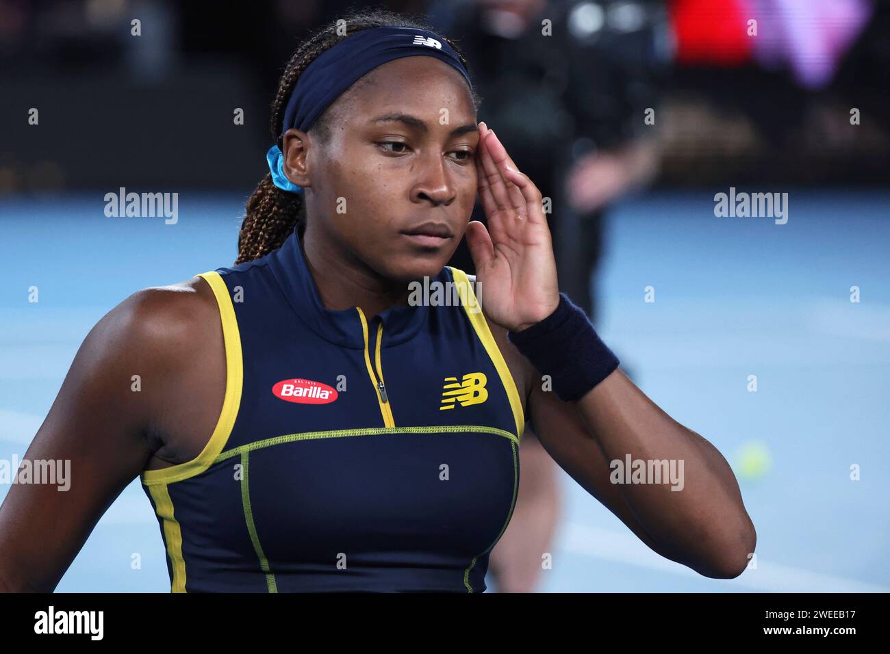 Coco Gauff of the U.S. reacts following her semifinal loss to Aryna ...