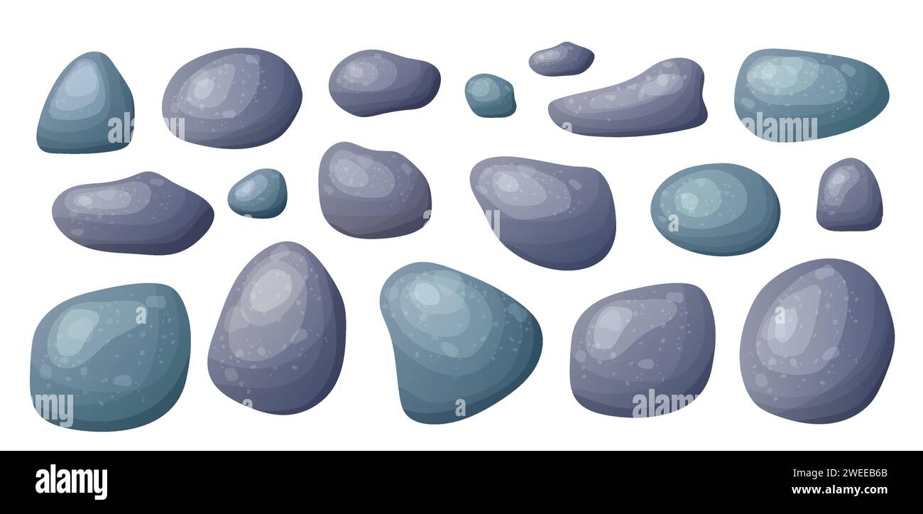 Round smooth pebble stone collection. Organic shape rock isolated ...