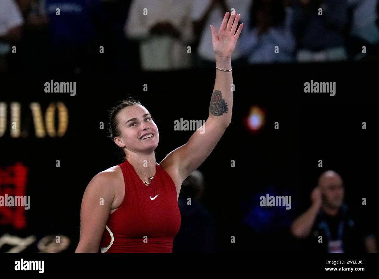 Aryna Sabalenka of Belarus waves after defeating Coco Gauff of the U.S. in their semifinal match ...