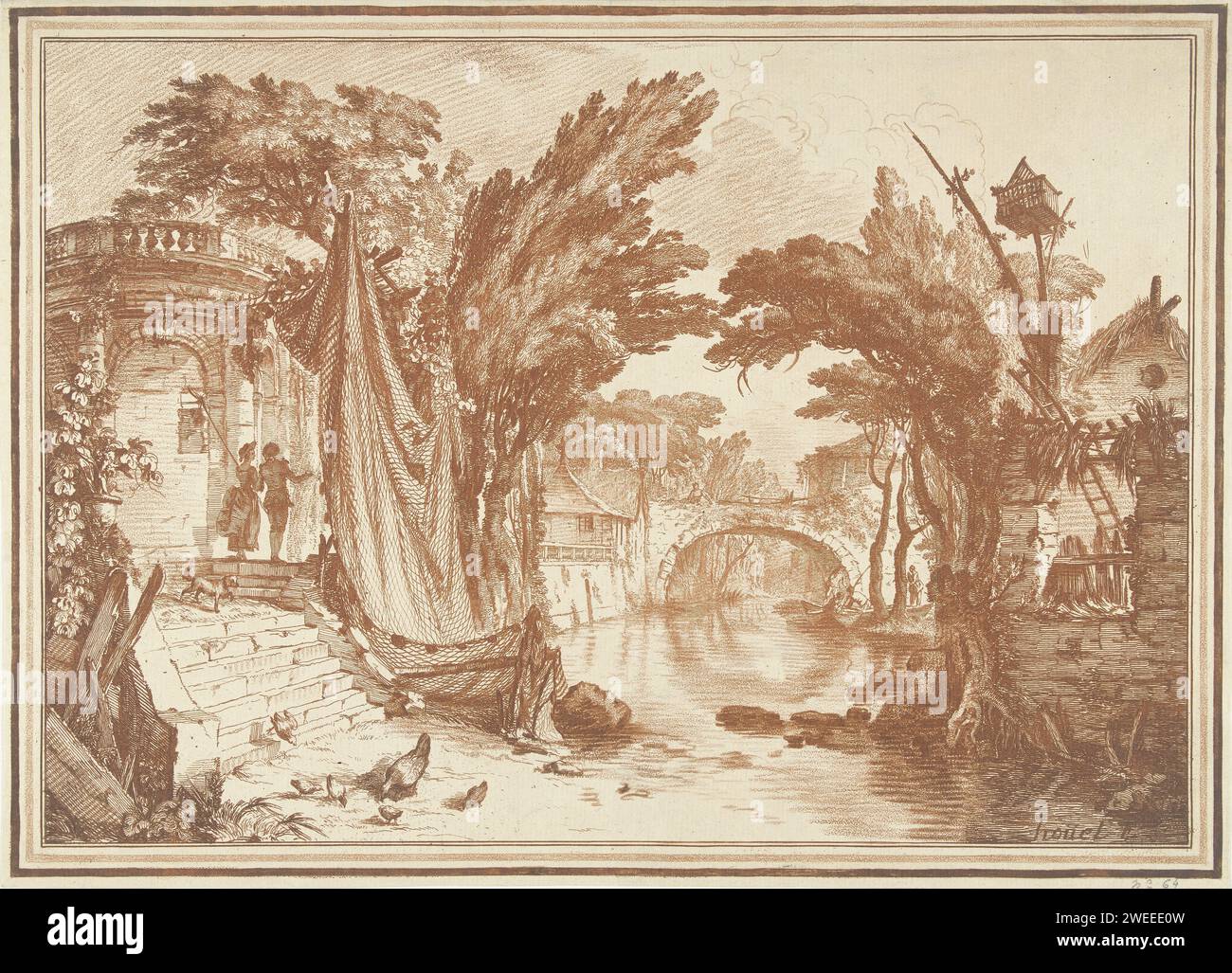 Southern landscape with houses on river, Gilles Demarteau, After Jean ...