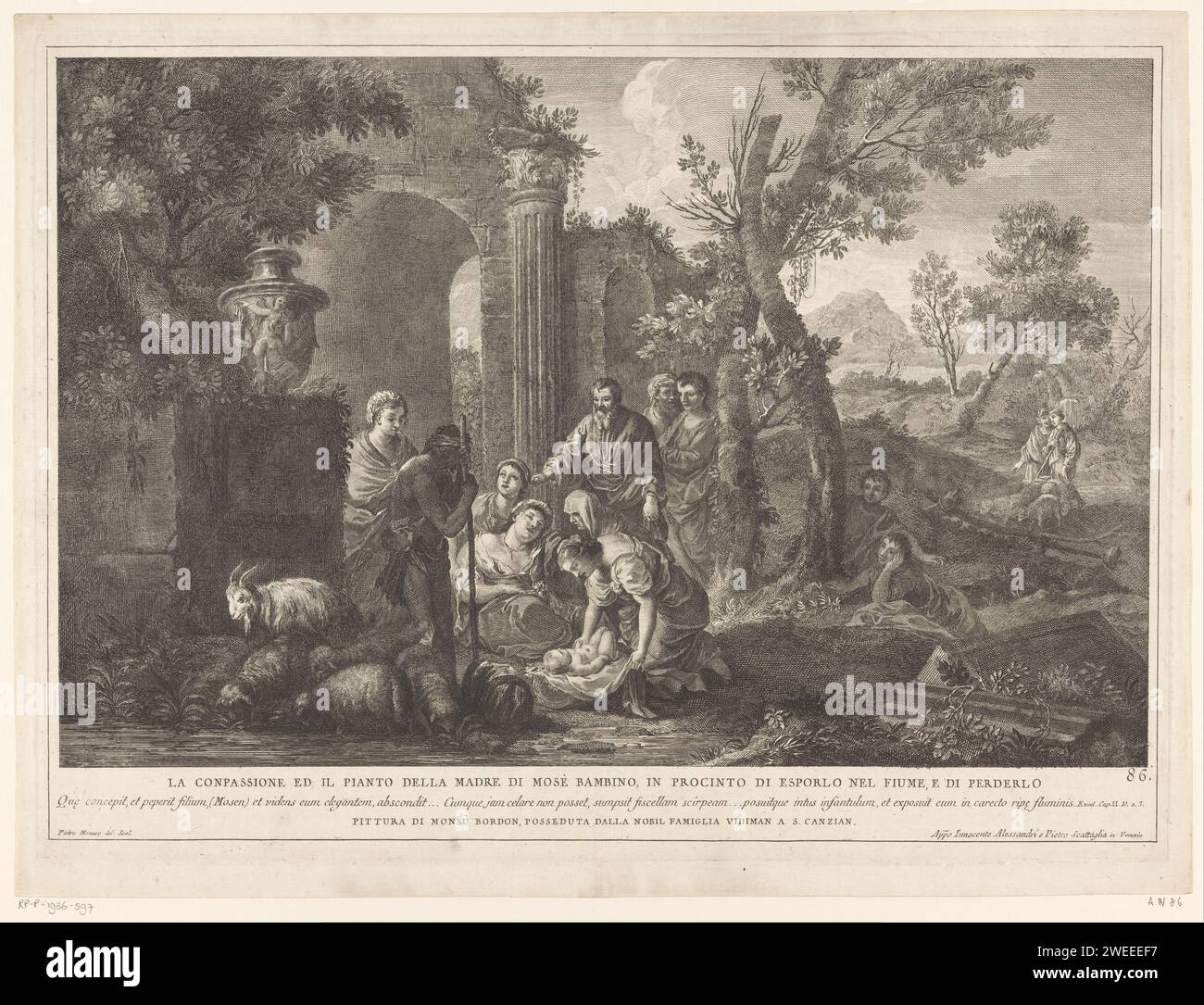 Moses is laid to be found, Pietro Monaco, 1717 - 1772 print The mother ...