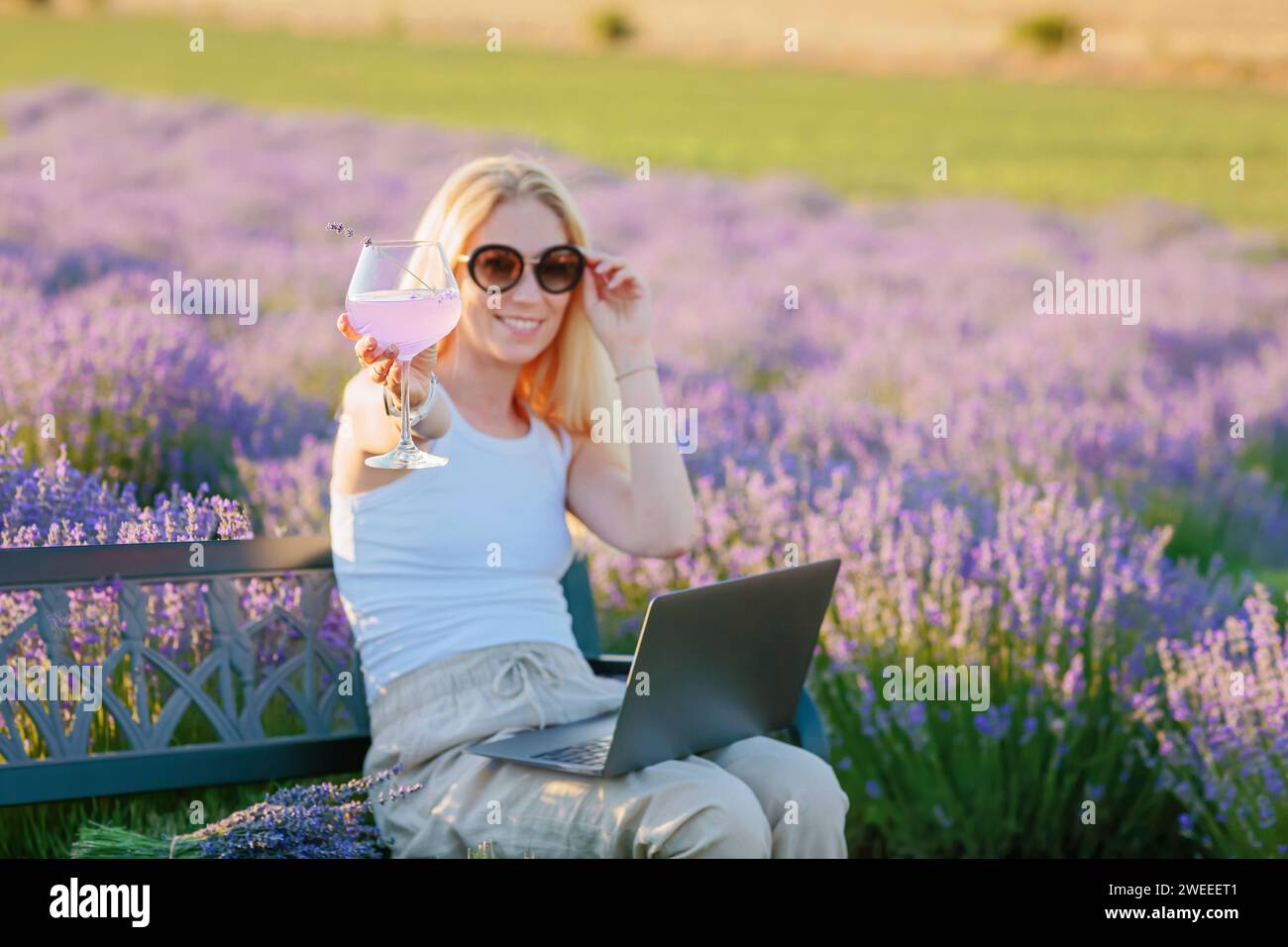 Woman sitting on bench among lavender flowers and working on laptop ...