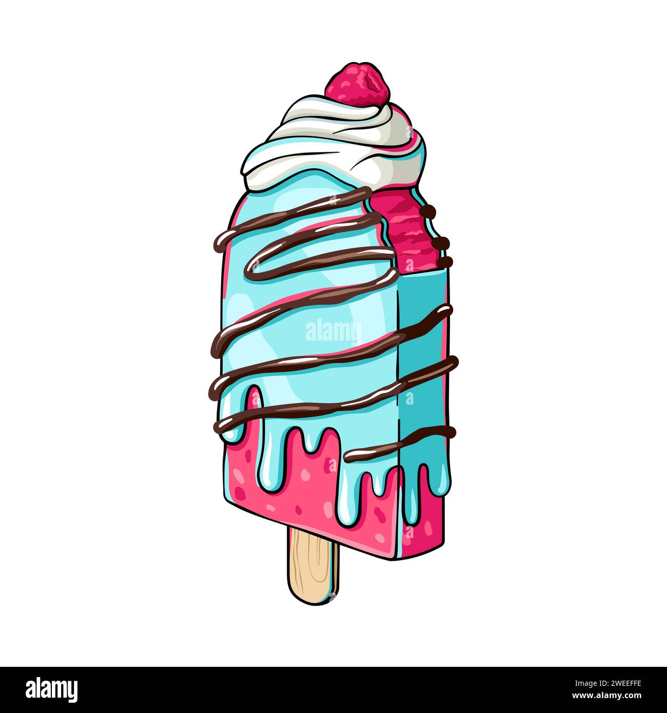 Fruit ice cream with whipped cream, raspberry, chocolate syrup ...