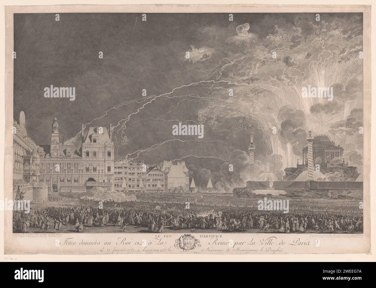 Square with fireworks in honor of the birth of the Dauphin, Jean Michel ...