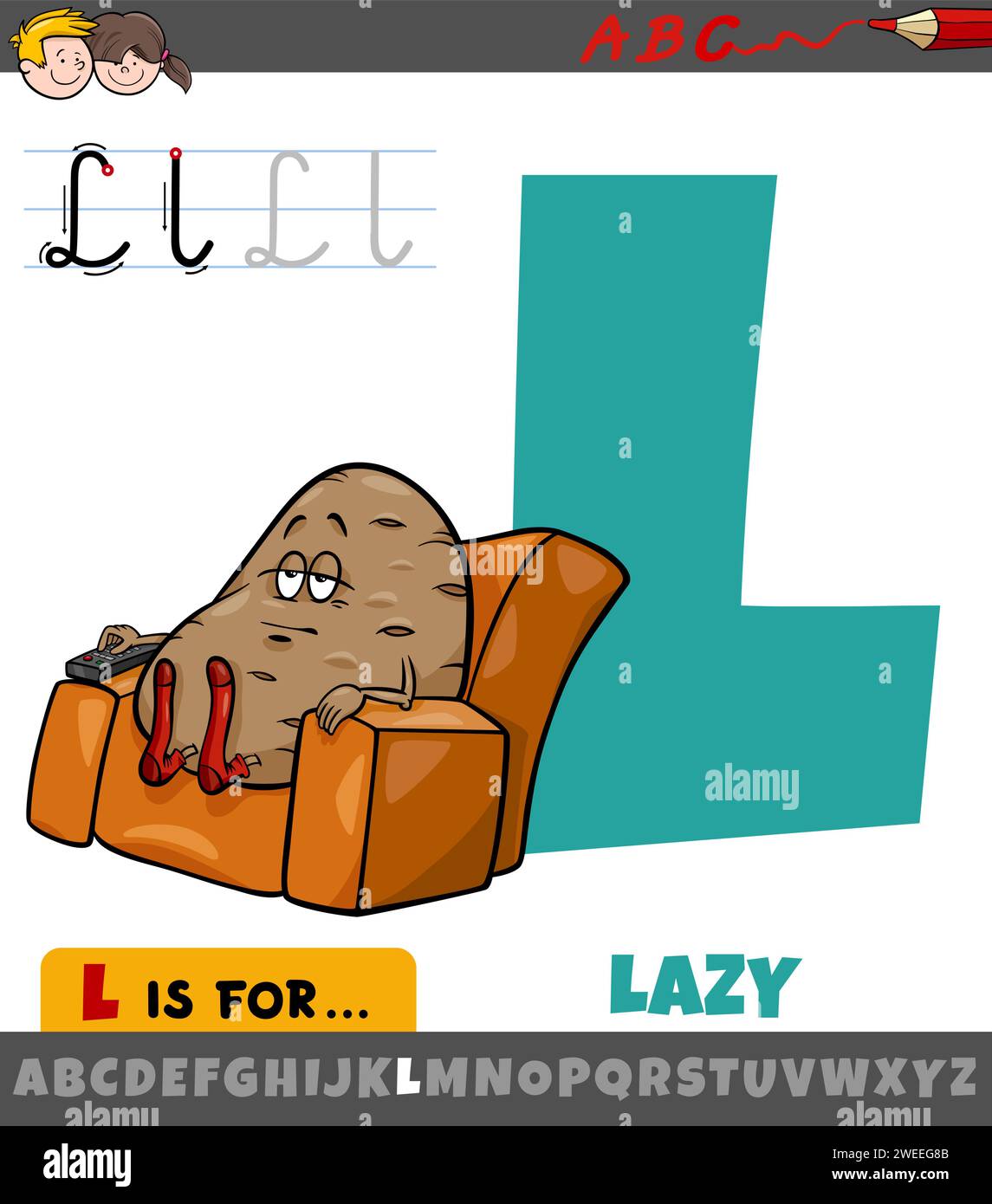 Educational cartoon illustration of letter L from alphabet with lazy ...