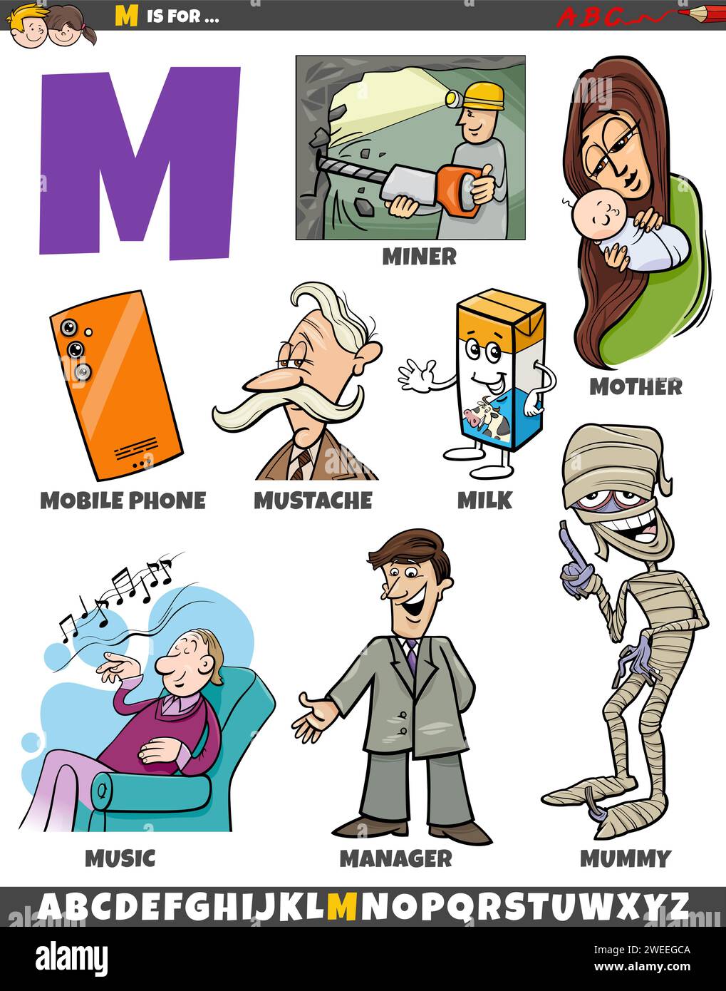 Cartoon illustration of objects and characters set for letter M Stock ...