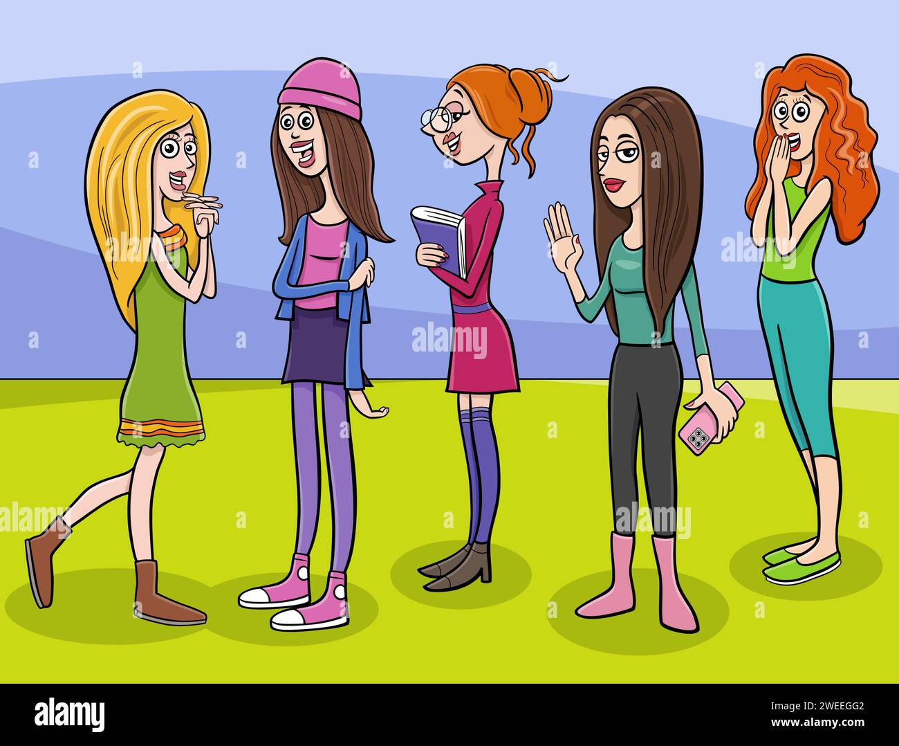 Cartoon illustration of girls or young women comic characters group ...