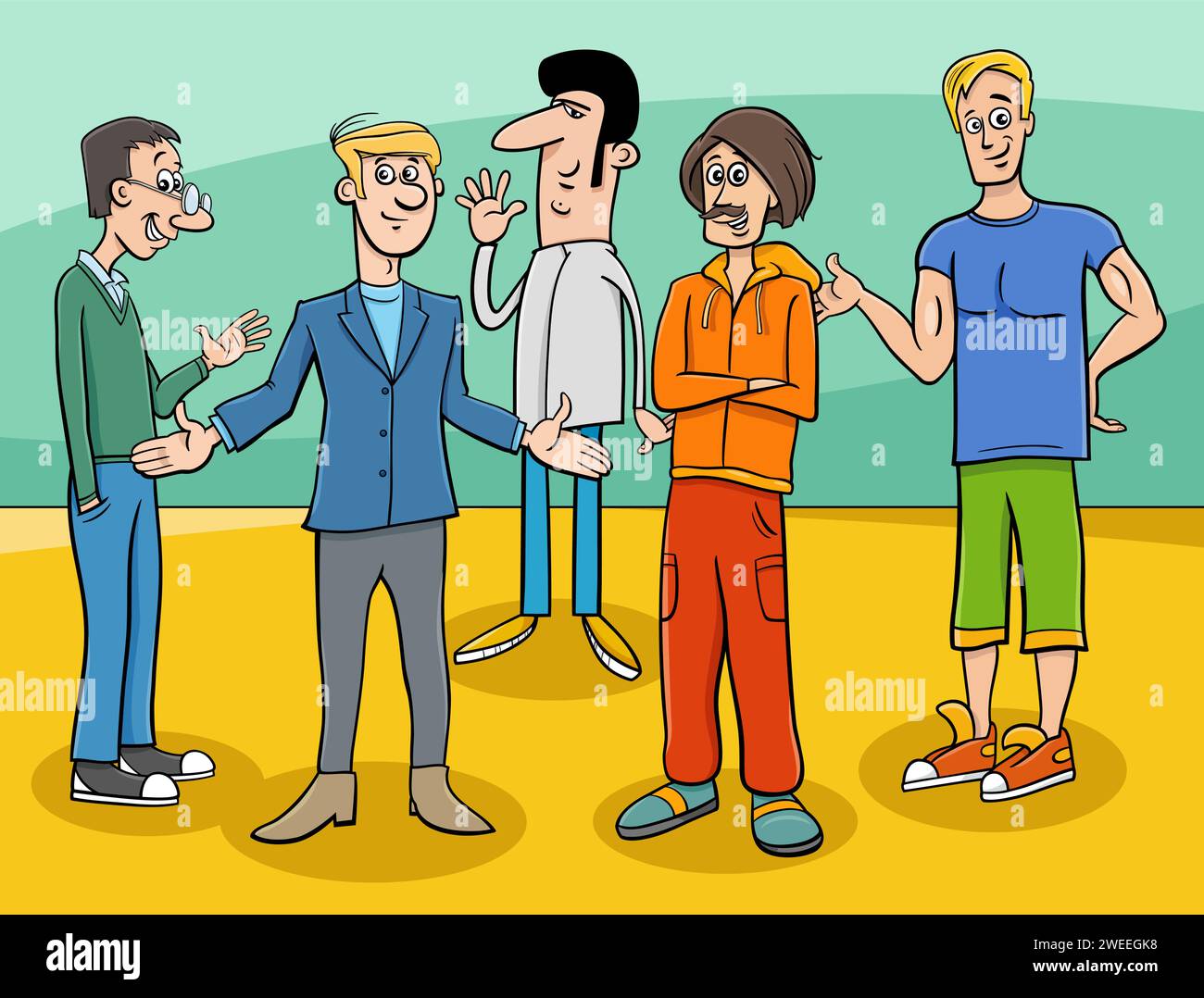 Cartoon illustration of funny young men or boys comic characters group ...