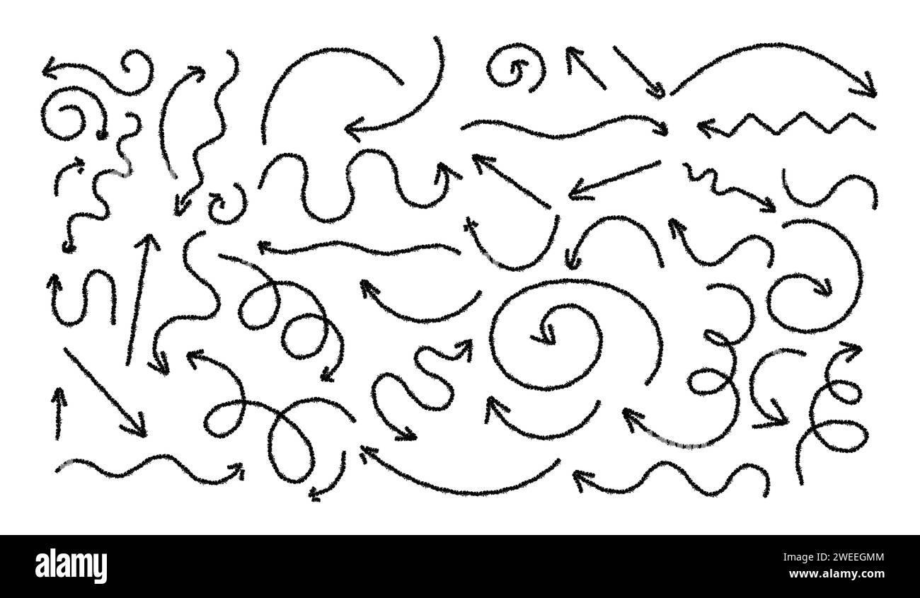 Hand drawn crayon chalk charcoal line arrows set. curvy and wavy arrows ...