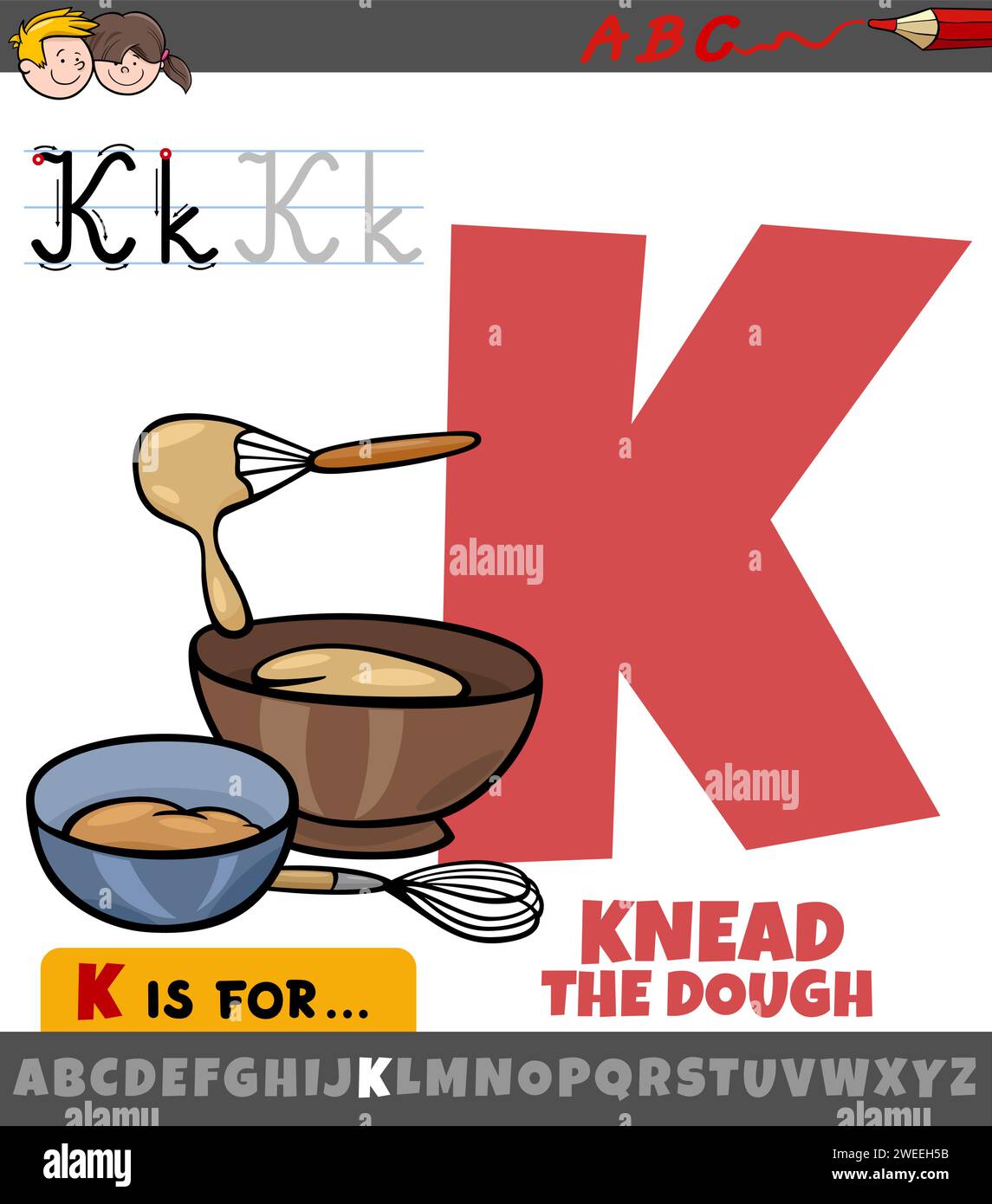 Educational cartoon illustration of letter K from alphabet with knead ...