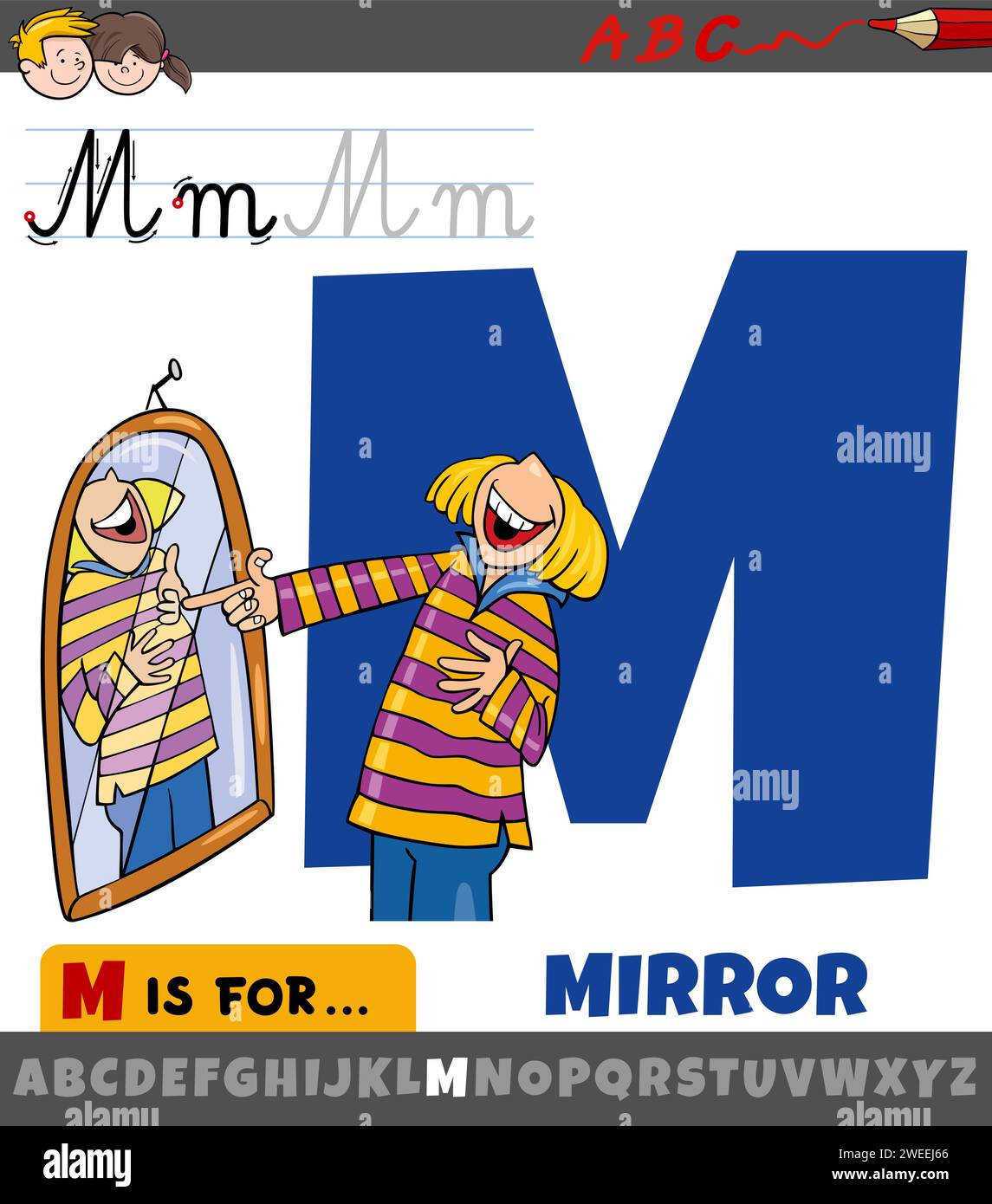 Educational cartoon illustration of letter M from alphabet with mirror ...