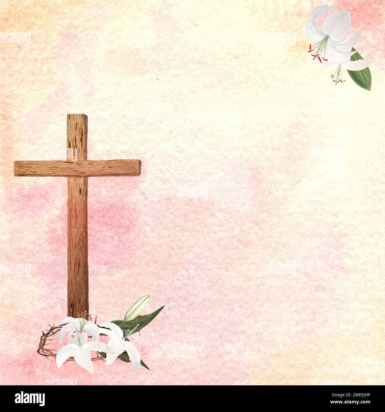Watercolor wooden cross and lilies card for Easter, holy Thursday, religious illustration ...