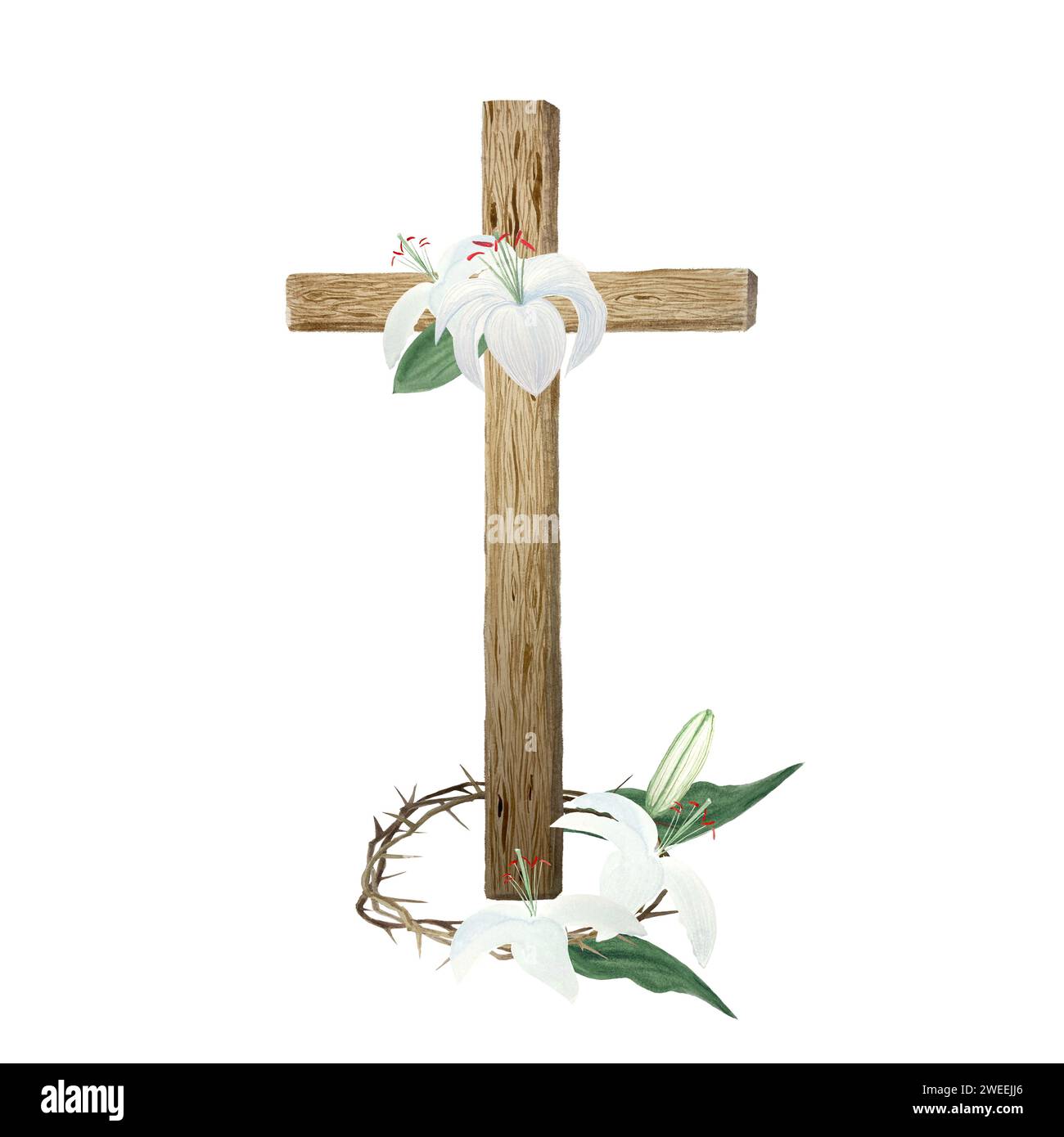 Watercolor wooden cross and lilies composition for Easter, holy Thursday, religious illustration ...