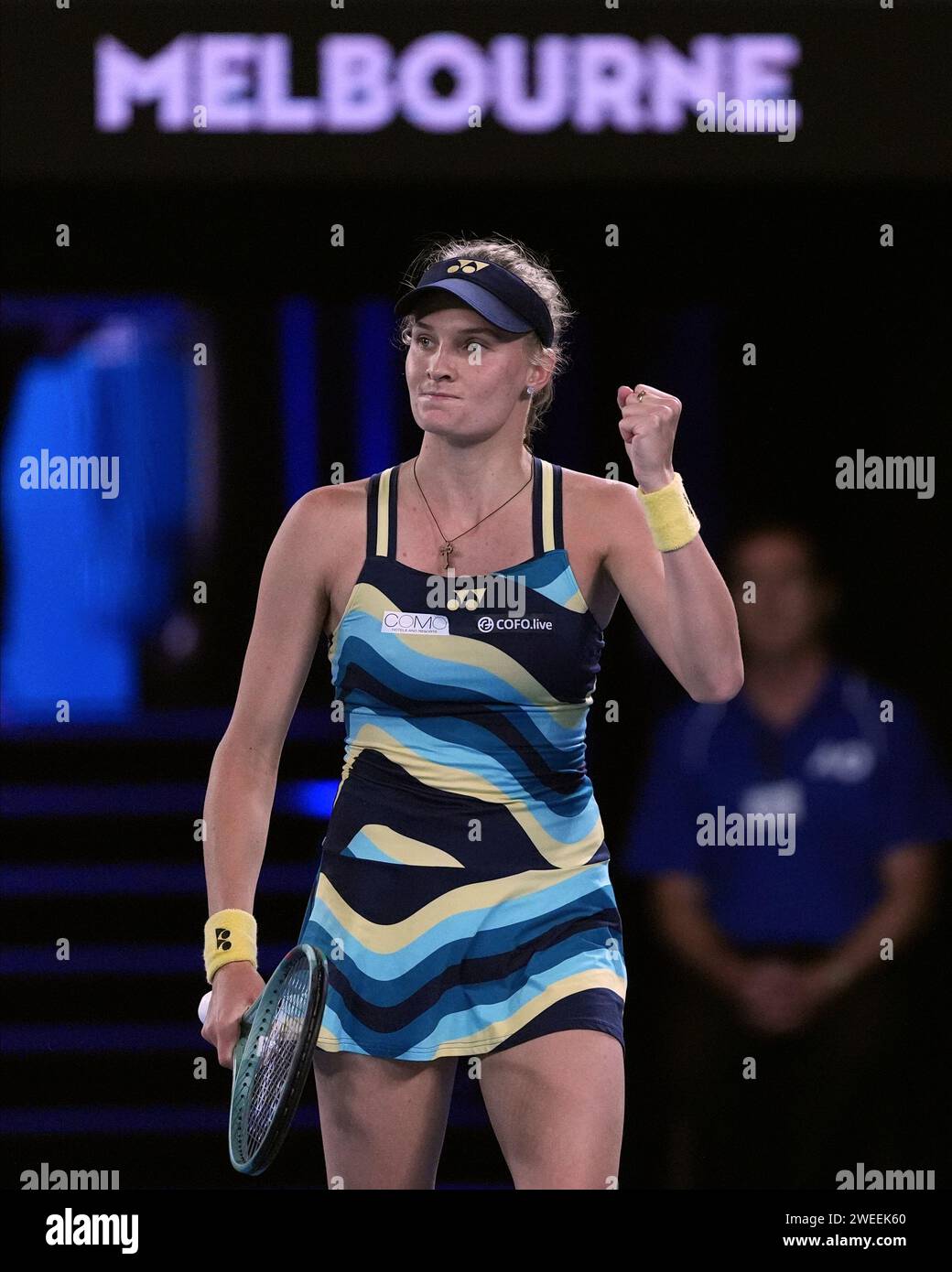 Dayana Yastremska of Ukraine reacts during her semifinal against Zheng Qinwen of China at the ...