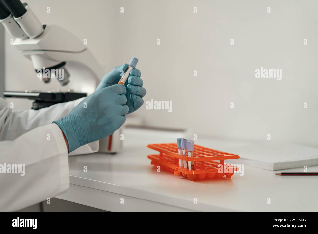 Close up of researcher hand in sterile glove putting test tube into ...