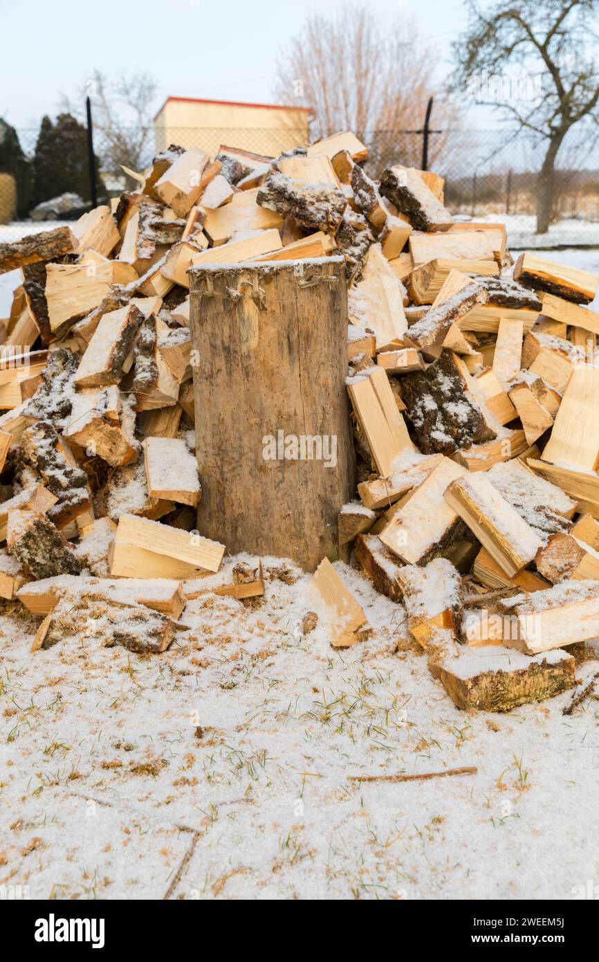 An ax for splitting firewood stuck into a stump for chopping wood Stock ...
