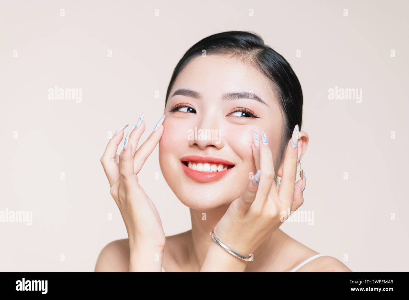 Joyful lady touch hands cheeks complexion enjoy aesthetic ideal perfect ...