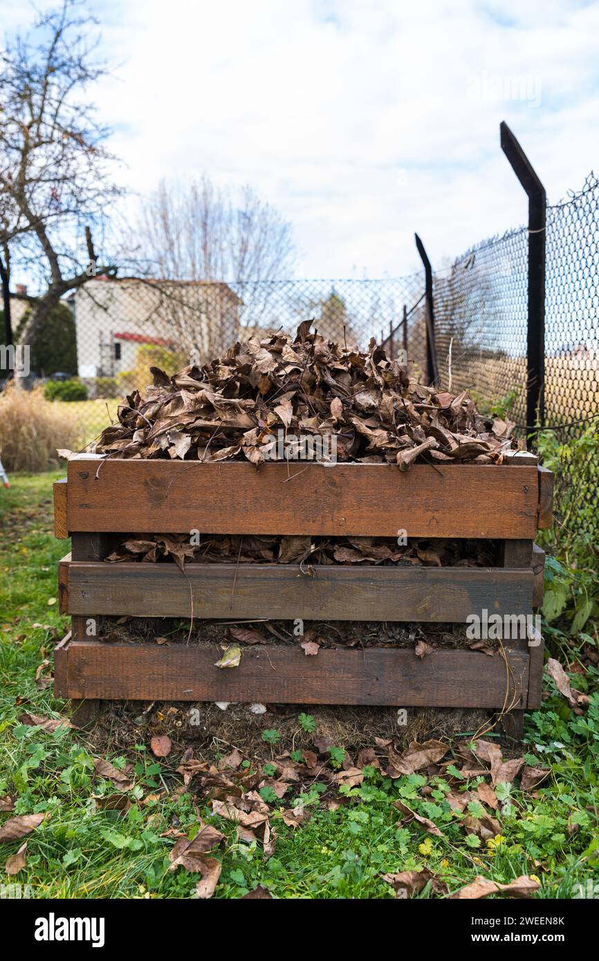 A composter made of wooden boards filled with dry leaves Stock Photo ...